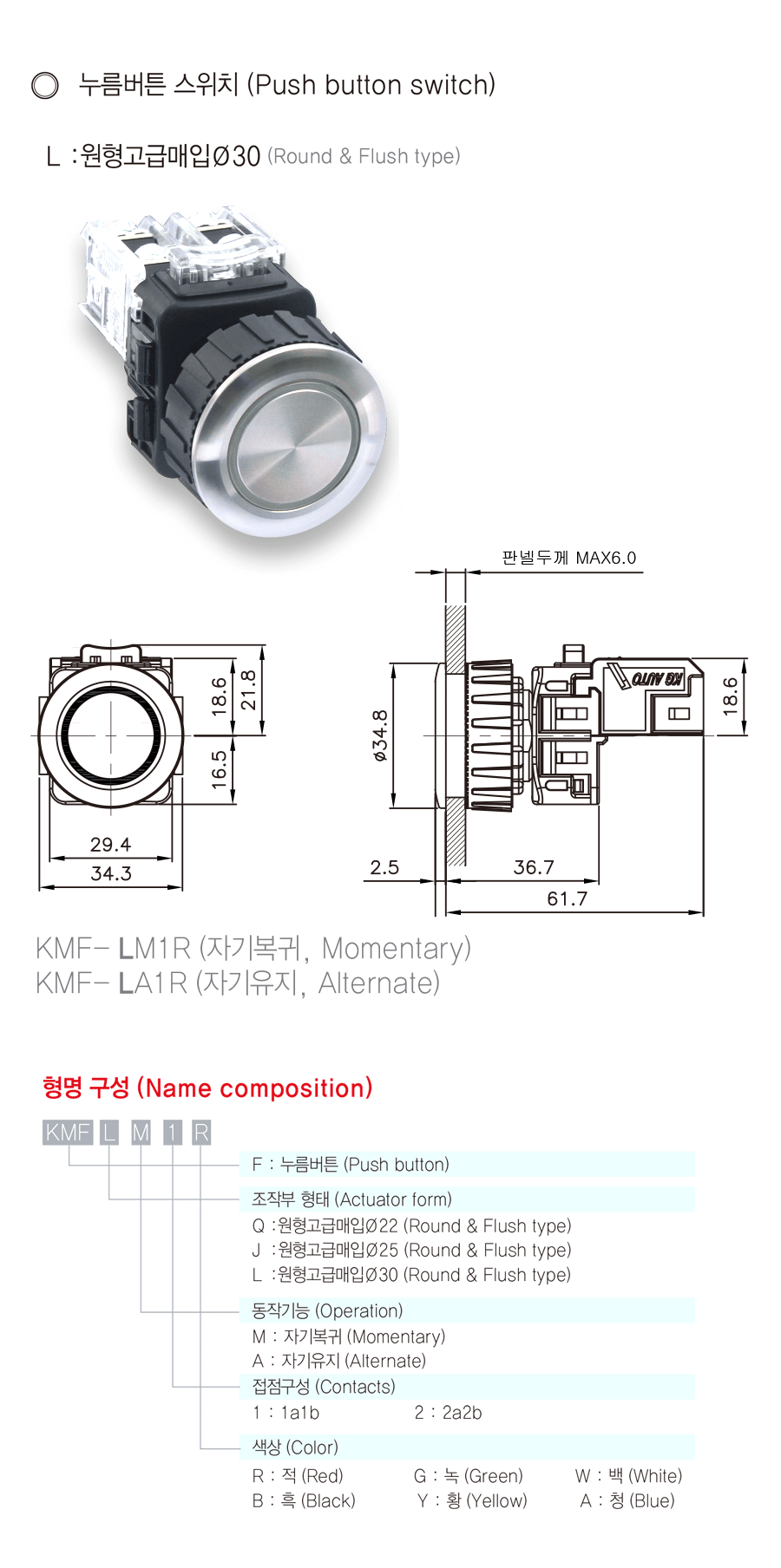 ELECLOUD 일렉클라우드 - KMF-LM1 30파이 메탈 푸시버튼 스위치 Push Button Switch