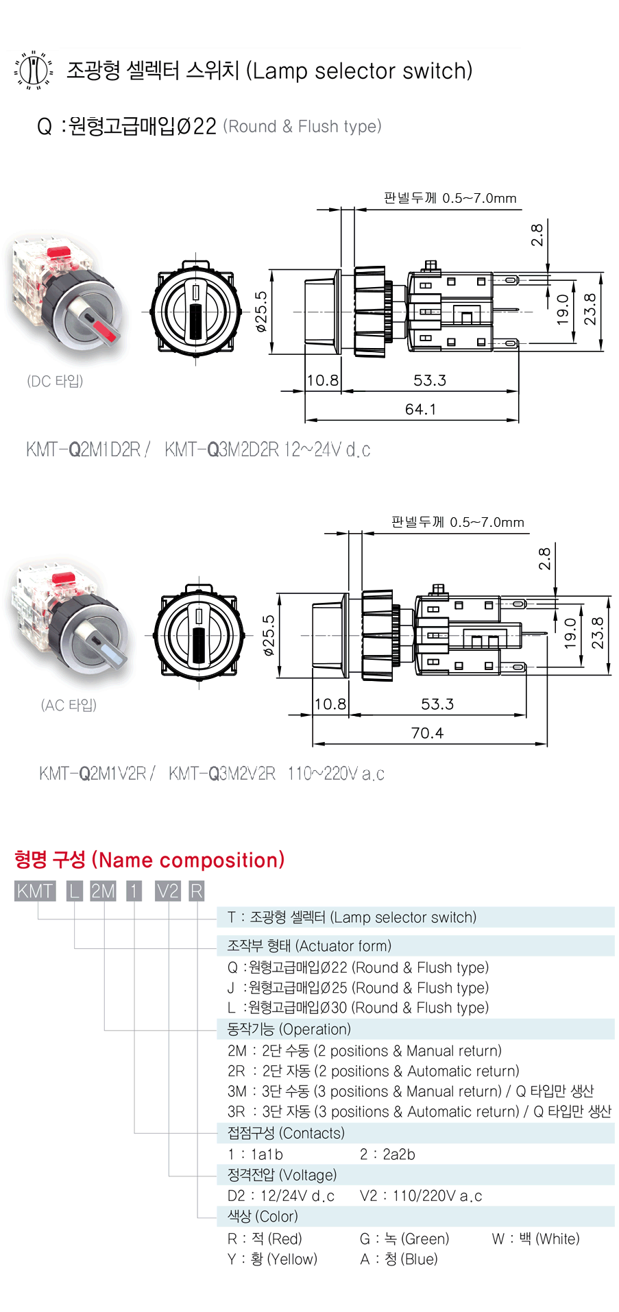 ELECLOUD 일렉클라우드 - KMT-Q2M1D2 12~24VDC / KMT-Q2M1V2 110~220VAC / 22파이 메탈 ...